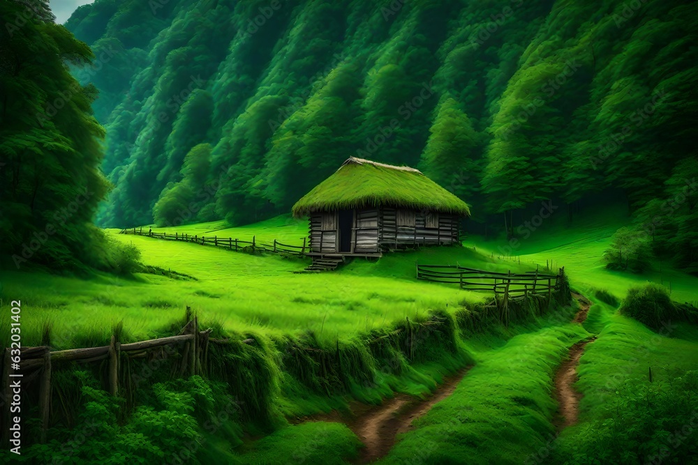 beautiful hut on the beach and a lake view of the colorful green ...