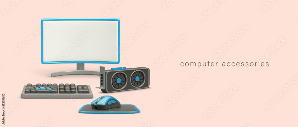 Realistic computer accessories. Wide monitor, video card, keyboard ...
