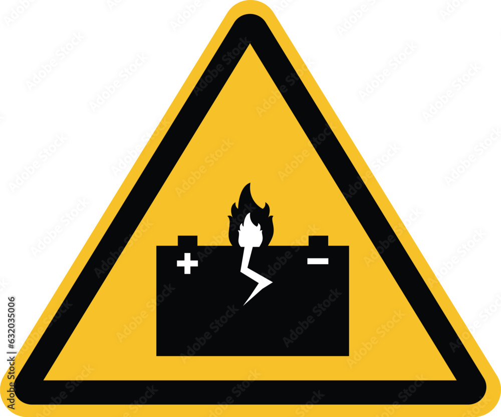 Yellow triangle warning sign with battery icon. Dangerous batteries ...