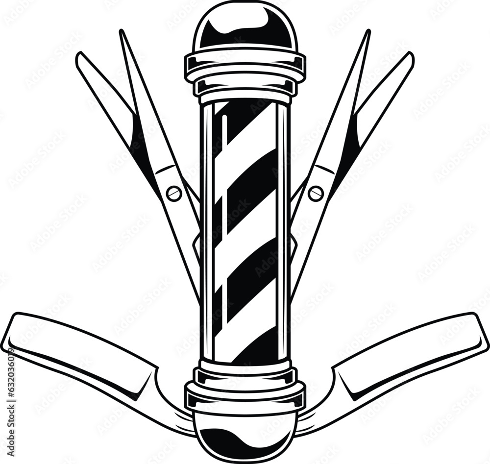 Vintage monochrome barbershop pole logo with scissors and razors ...