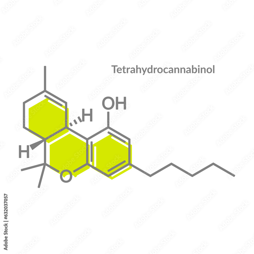Tetrahydrocannabinol or THC molecular structural chemical formula ...