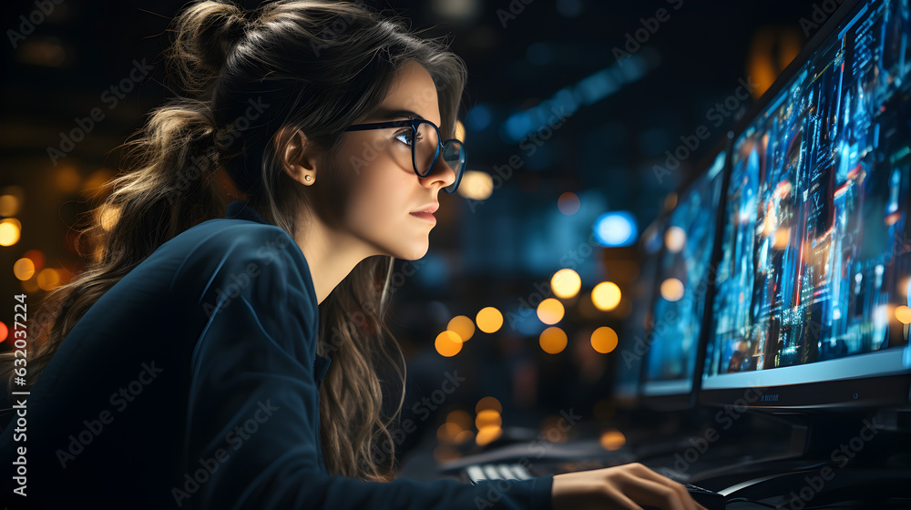 Smart female programer working on Desktop Computer in Data Center ...