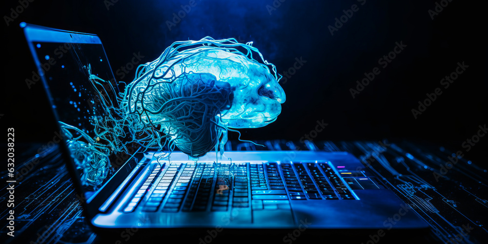 Captivating glowing human brain depicted amidst cool blue, futuristic ...
