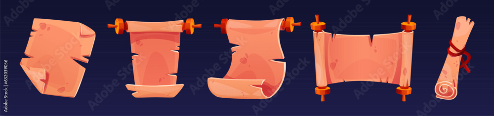 Ancient parchment scrolls set isolated on background. Vector cartoon ...