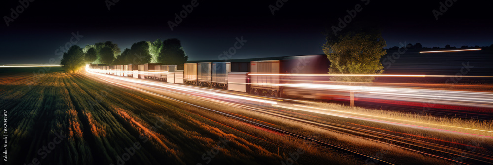 Dynamic freight train speeding through countryside, enhanced by ...