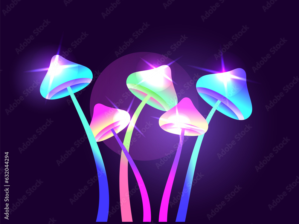 Magic mushrooms with a bright glow. Gradient mushrooms on a high stem ...