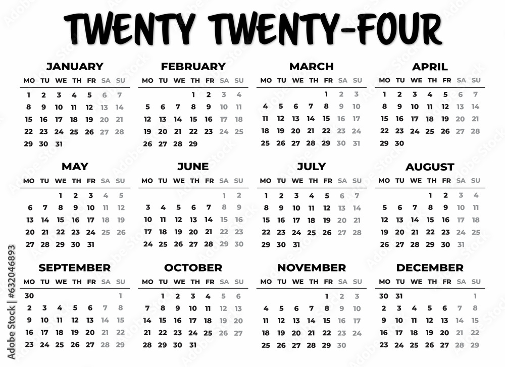 2024 Monday Start Horizontal Black and White Calendar Template, Simple ...