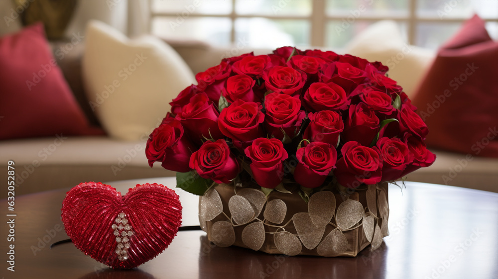 bouquet de roses rouges avec un cœur rouge posé sur une table de maison ...