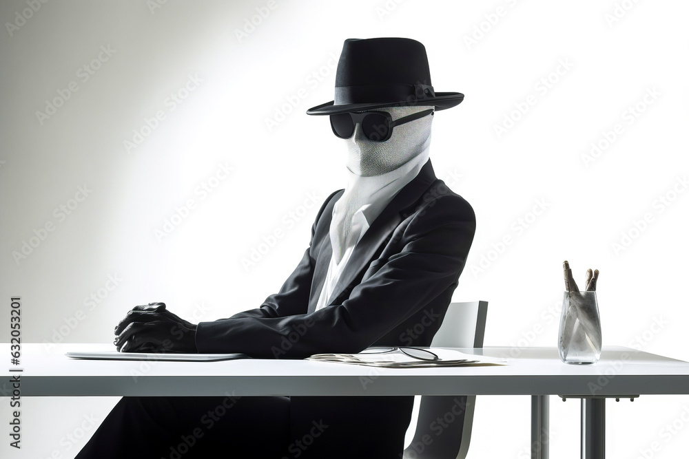 Mysterious image with invisible man at desk, only hat and clothes ...