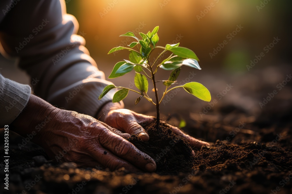 Hands planting a tree seedling, symbolizing the growth of green energy ...