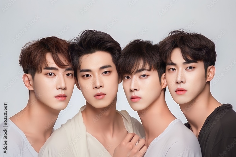 group of a young korean men with clean fresh skin on white studio ...