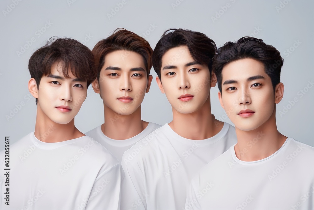 group of a young korean men with clean fresh skin on white studio ...