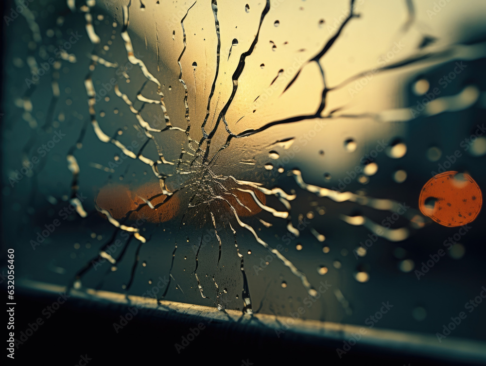 A single dark raindrop seeping through the cracks in a broken window ...