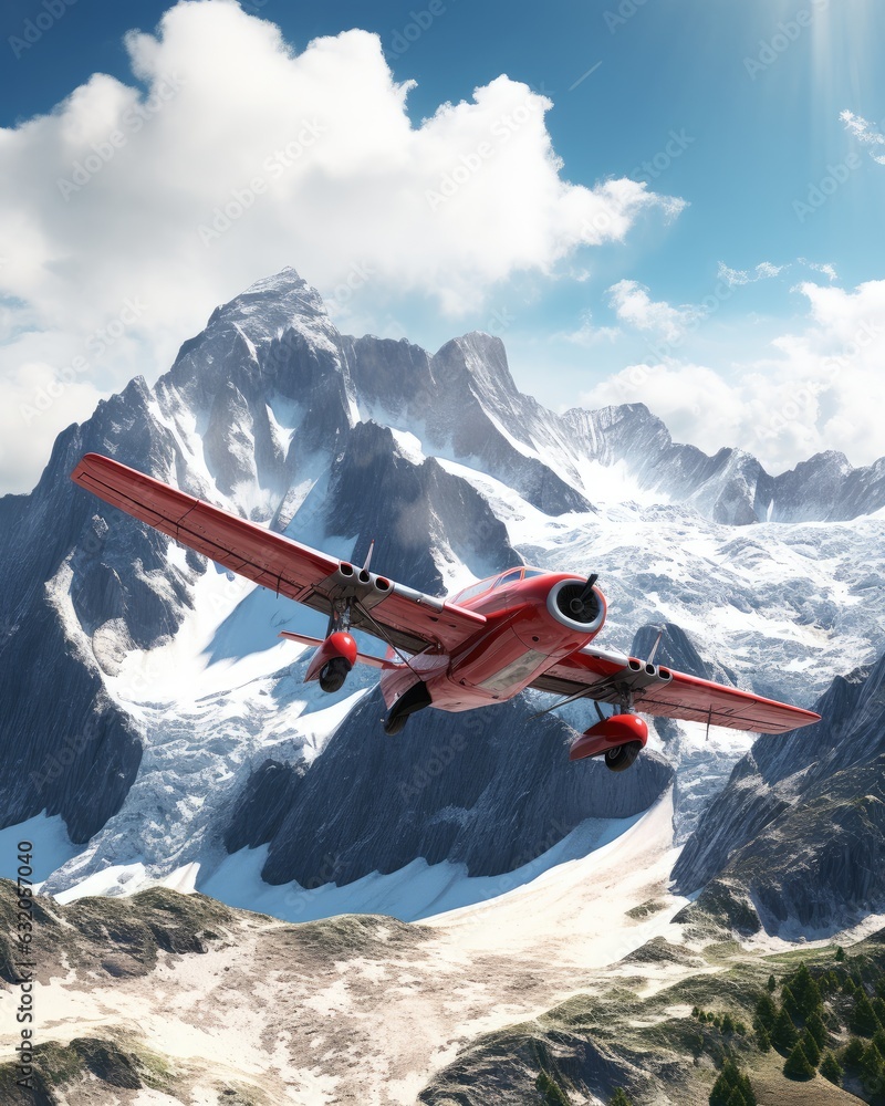 plane flying over high mountains, in the style of realistic ...