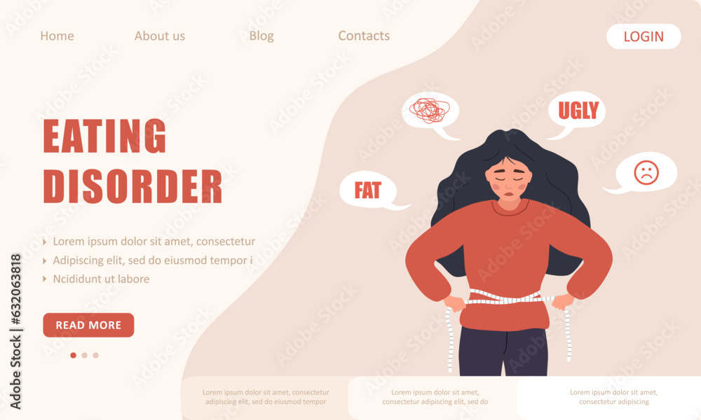 Vetor de Eating disorder landing page template. Depressed woman ...