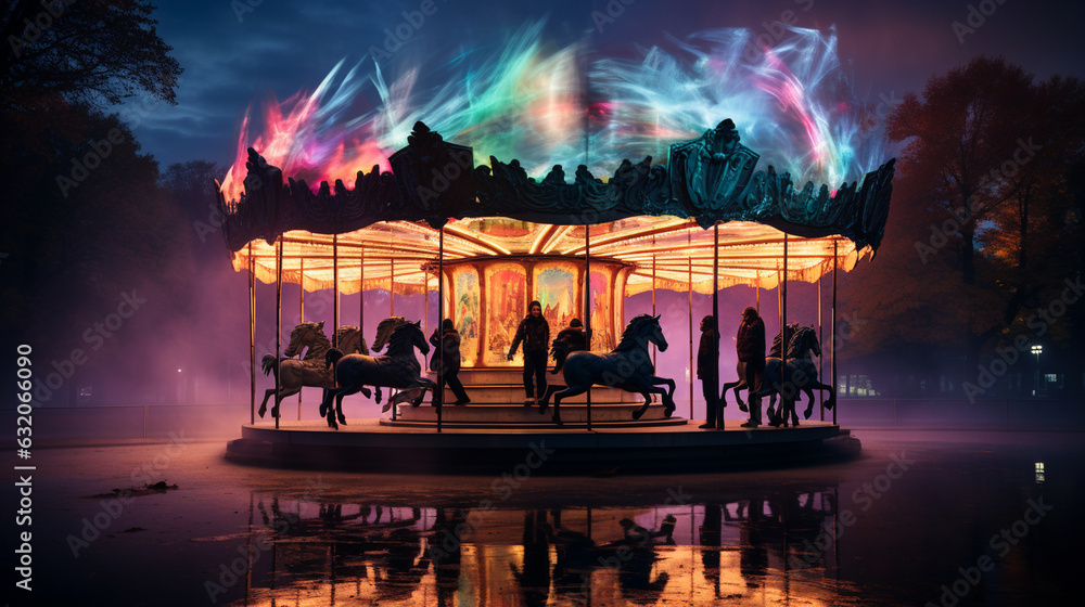 Haunted Carousel": A spectral carousel adorned with ghostly horses and ...