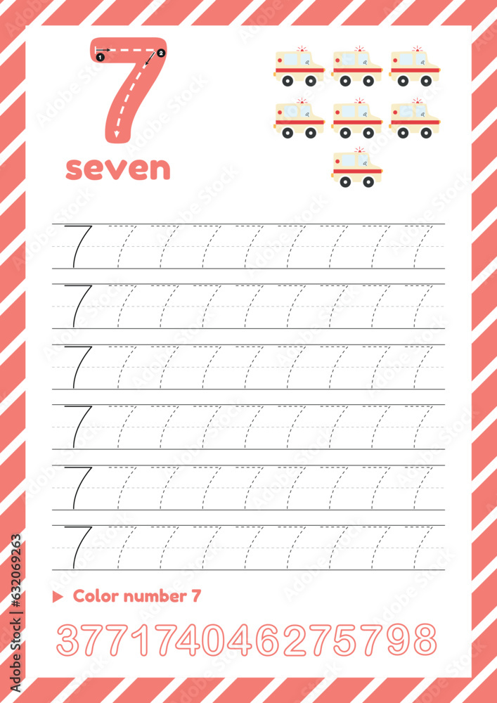 Worksheets for kids education. Tracing page with number seven. Count ...