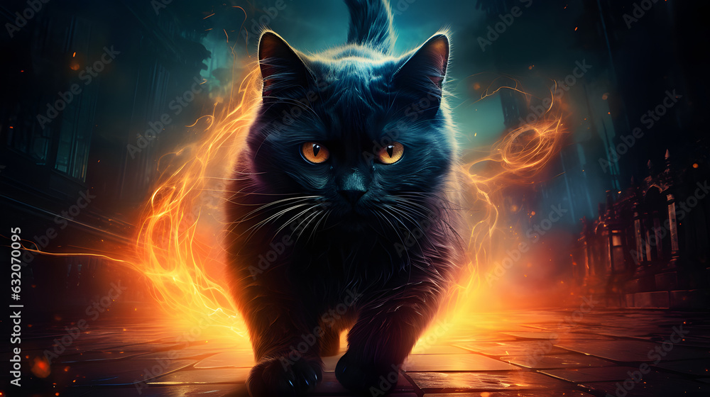 Cinematic cat walk close up face with fire magical particles flying ...