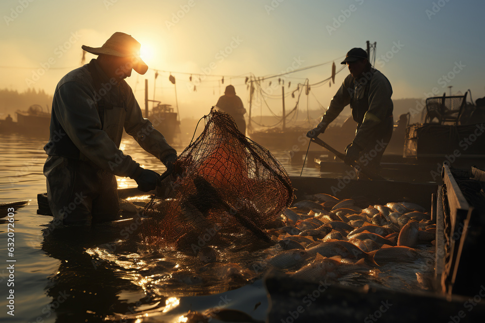 Fishermen pull the fish out of the nets, silhouette men are picking ...