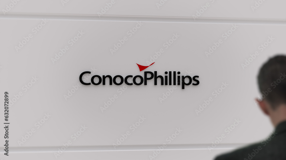 Foto de August 7th 2023 Houston, the logo of ConocoPhillips on a withe ...