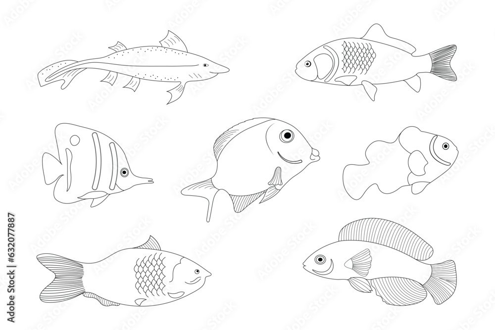 Fish outline set of 7 minimal fish icons showing aquatic animals with ...