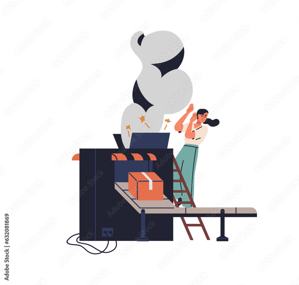 Manufacture accident, explosion, smoke at production factory. Broken ...