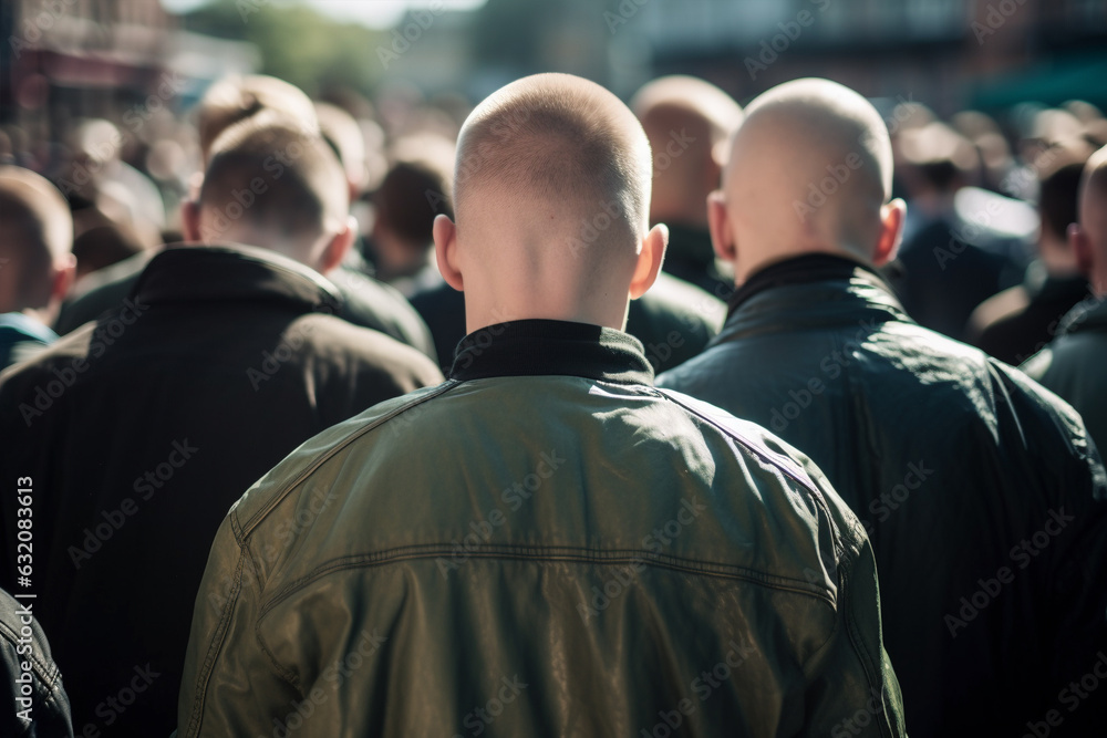 Back view of group of skinhead neo-nazis in leather jackets. Stock ...