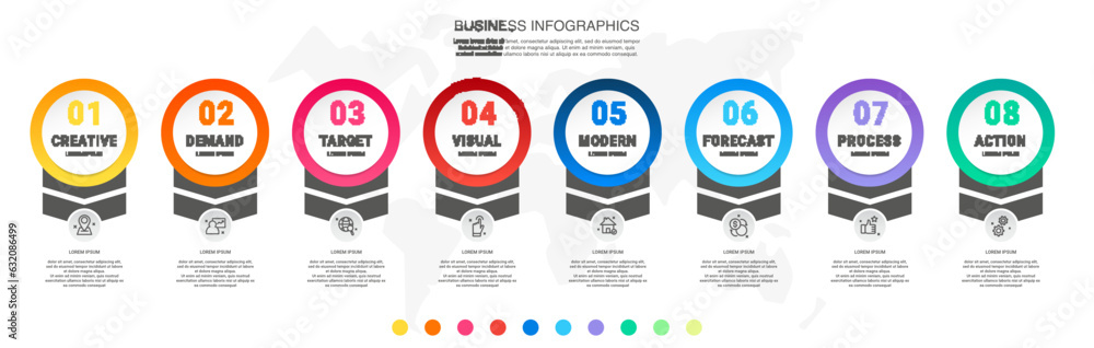 Vector business infographics template. Timeline with eight circle, icon ...