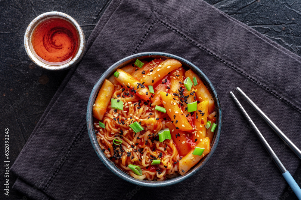 Rabokki, tteokbokki or topokki with ramen, Korean street food, spicy ...