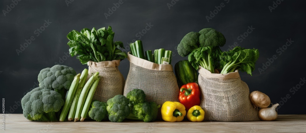 Local, farm-produced organic food in a mesh bag consisting of green ...