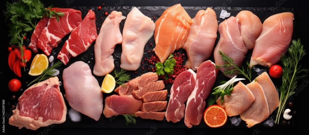 Types of raw chicken meat and poultry displayed on a black background ...