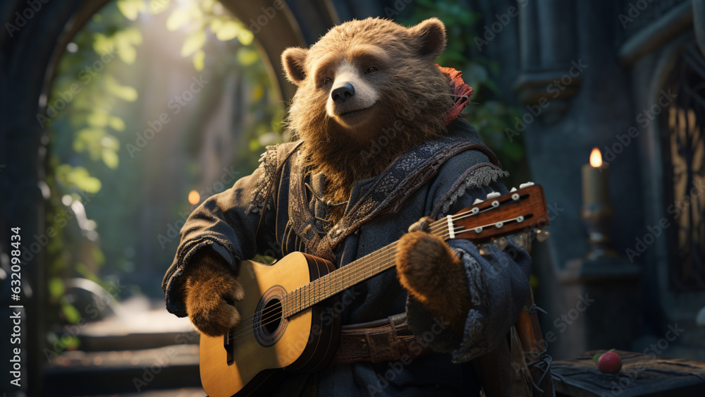 Bard bear playing the guitar under the gateway in the medieval fantasy ...