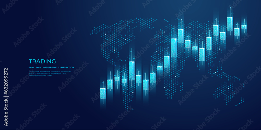 Abstract stock market candlesticks and world map on technology blue ...