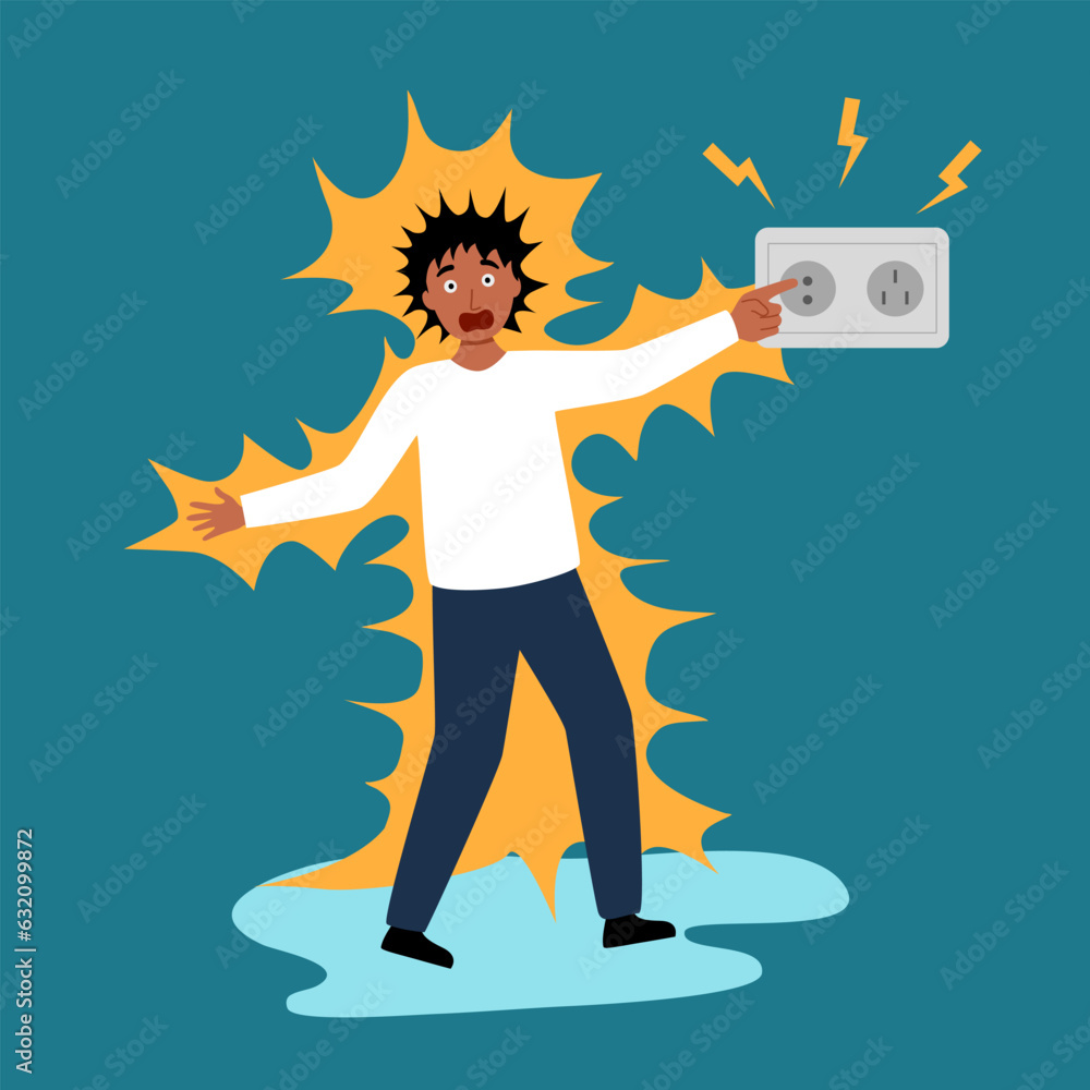 Electric shock risk concept vector illustration. Man standing on wet ... Electric shock risk concept vector illustration. Man standing on wet ...