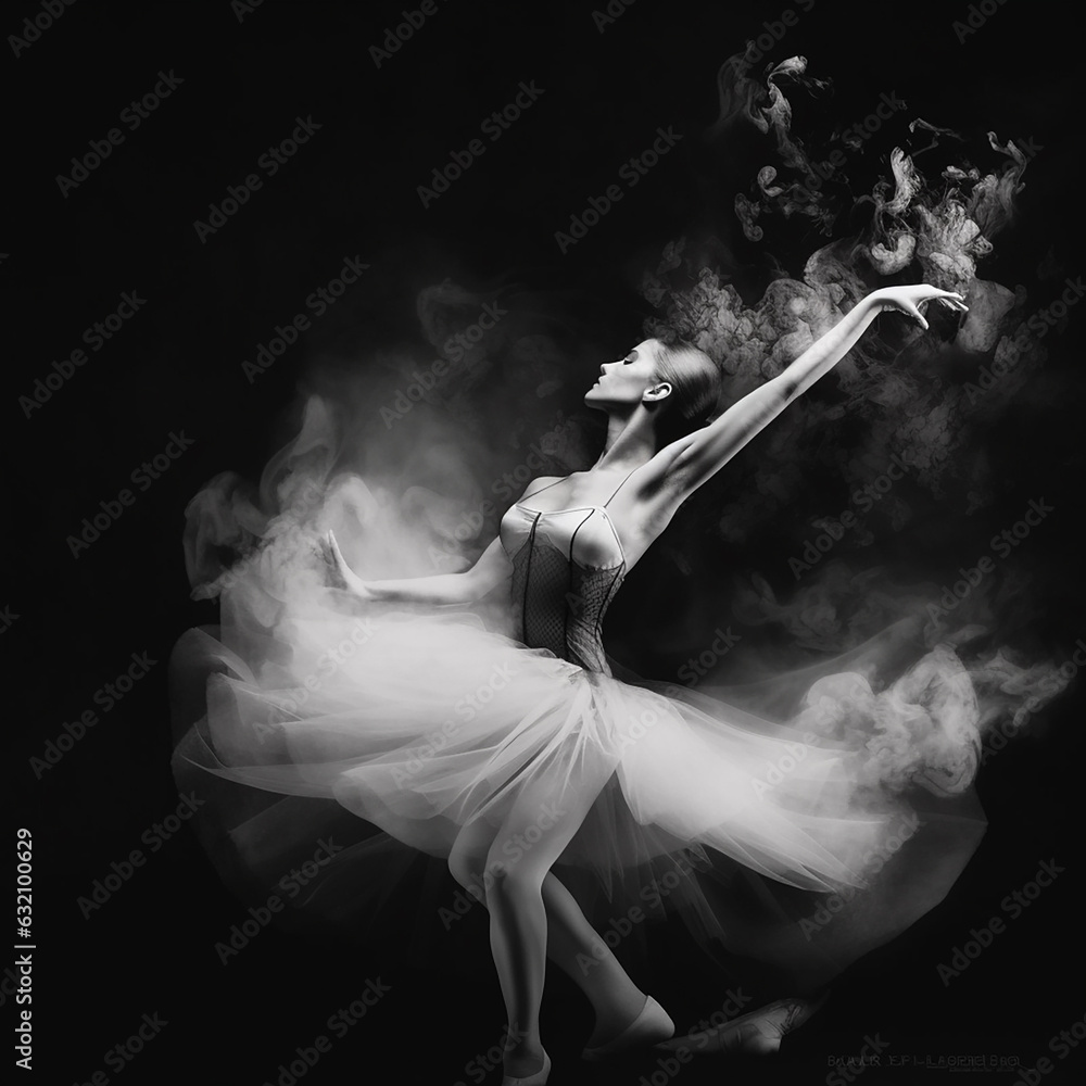 Contours of beautiful ballerina dissolve in smoke on a black background ...