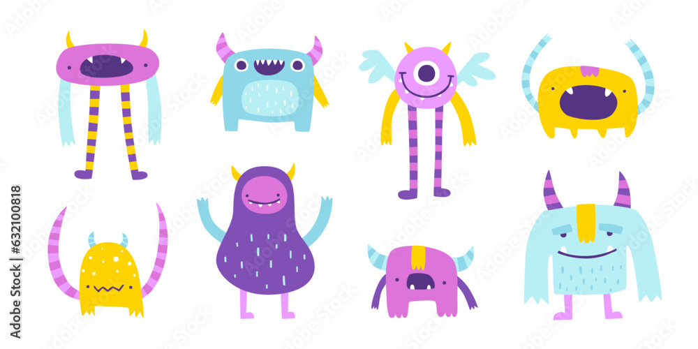 Set of cute monsters. Vector collection of friendly beasts for kids ...