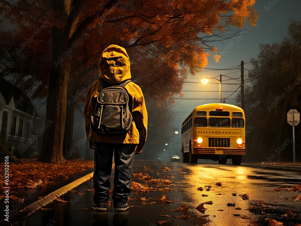 Closeup of children and school bus, children waiting for the school bus ...