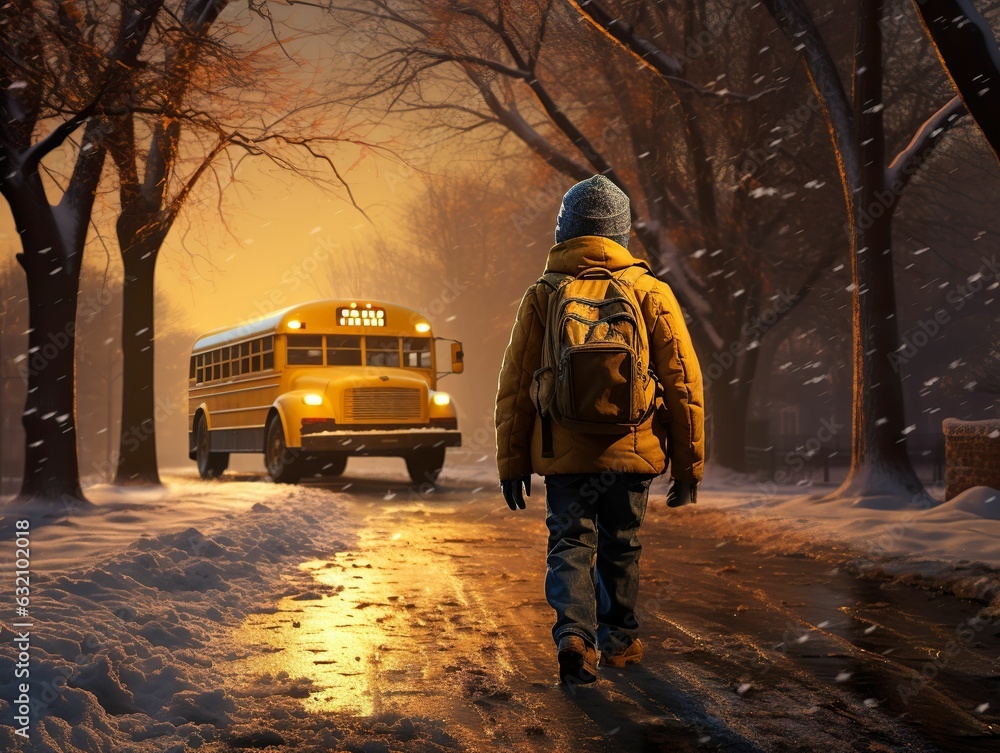 Closeup of children and school bus, children waiting for the school bus ...