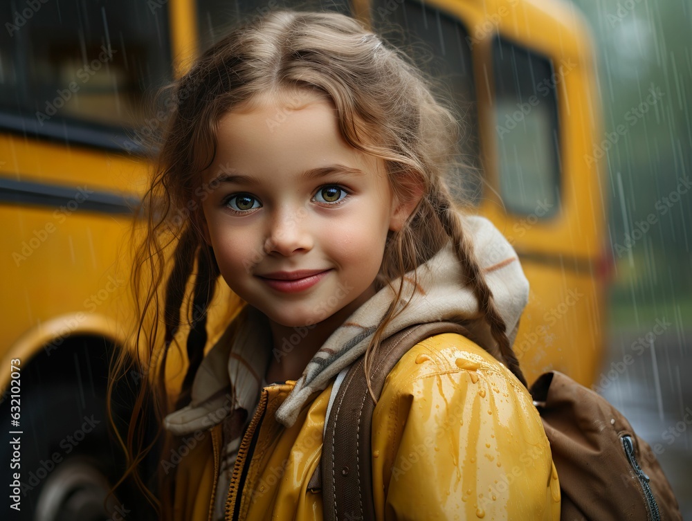 Closeup of children and school bus, children waiting for the school bus ...