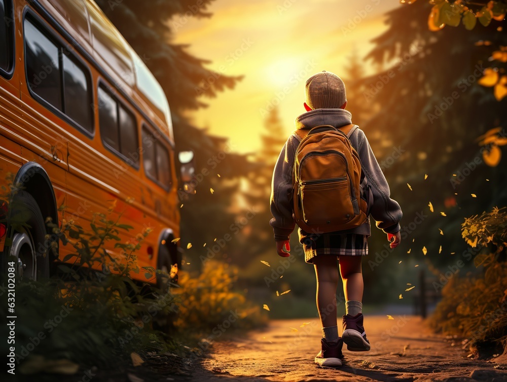 Closeup of children and school bus, children waiting for the school bus ...