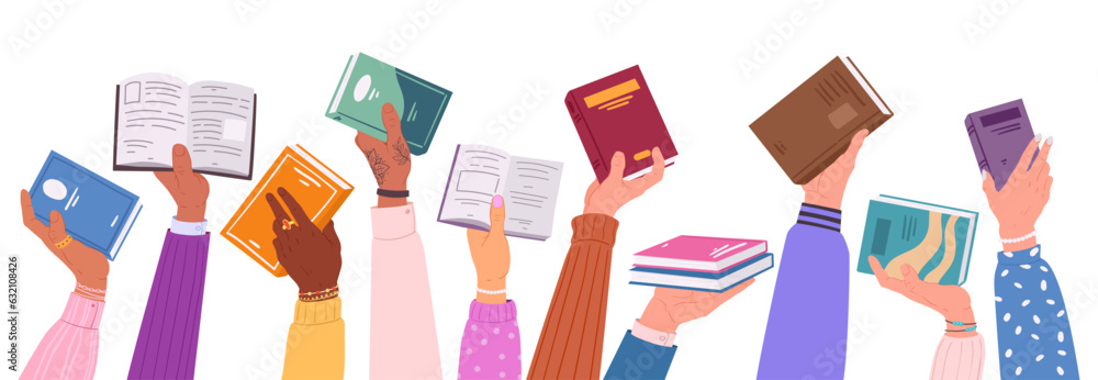 Cartoon hands holding books. Reading, studying and literature loving ...