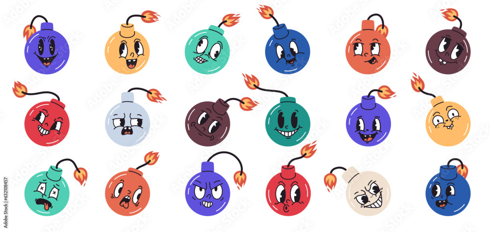 Cartoon bomb characters. Comic bombs with burning wick, hand drawn bomb ...