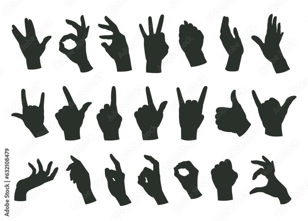 Cartoon hands gestures silhouettes. Human hands signs, okay, call ...