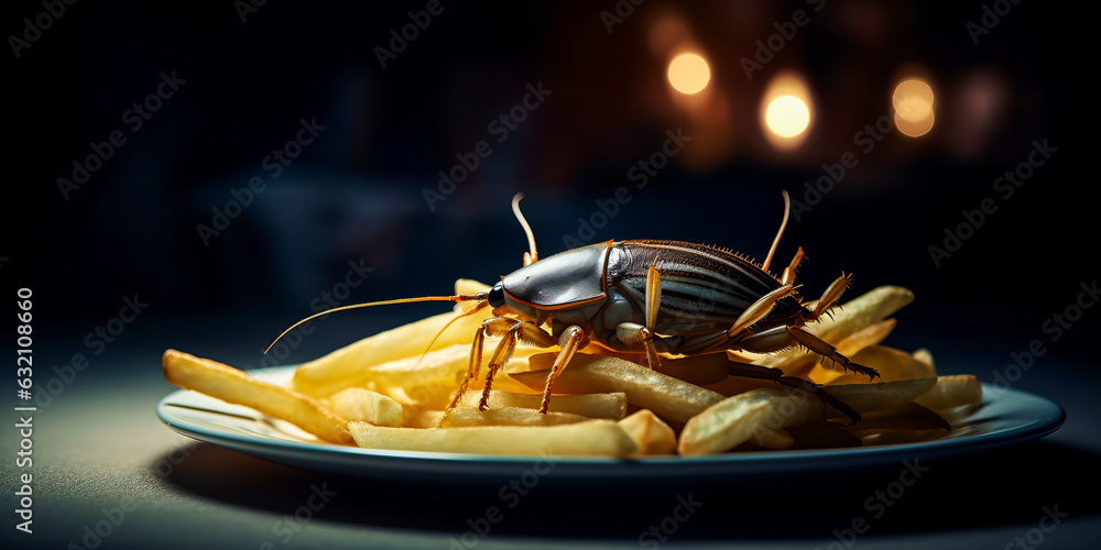 Impactful display of a large cockroach amidst a plate of French fries ...