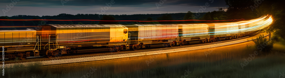 Captivating scene of a freight train streaking across countryside ...