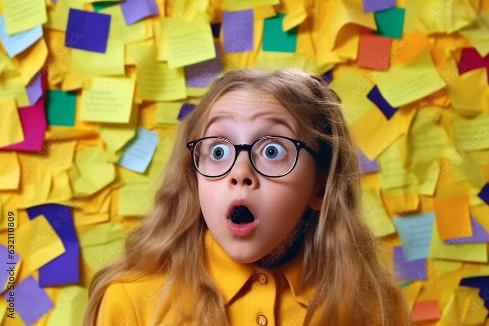 Little girl amazed on a background full of sticky notes. Generative AI ...