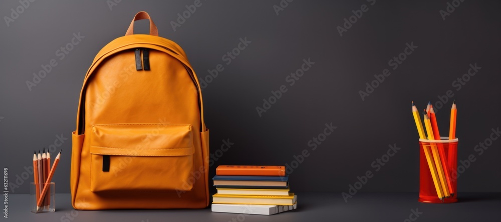 Orange school backpack from which sticks out, a ruler, a pen, pencils ...