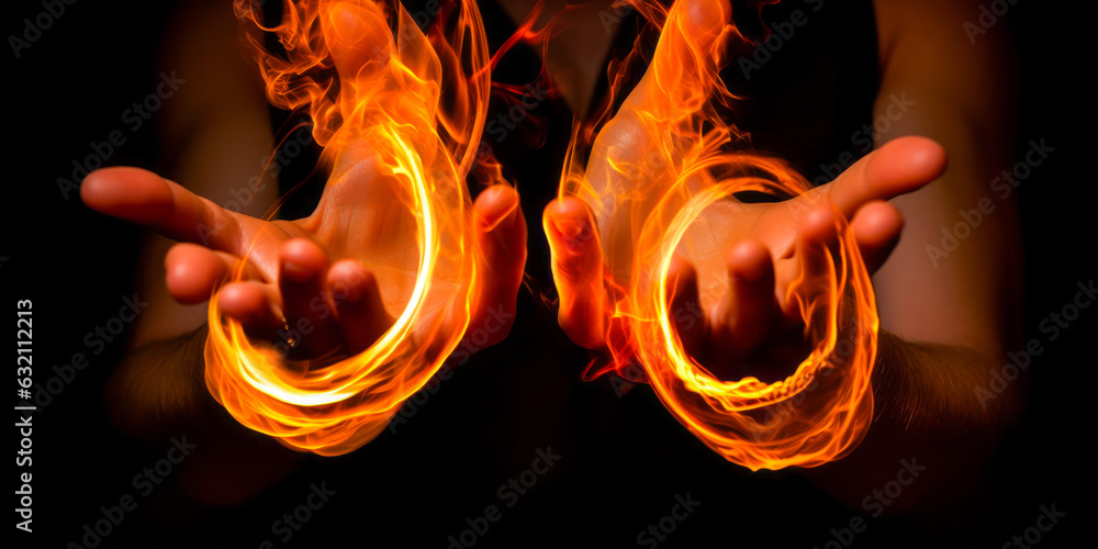 Artist's hands skillfully play with flames in a digital glow ...
