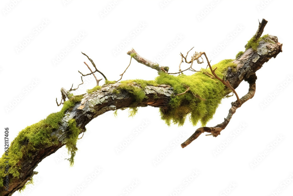 Rotten wet branch with green moss and lichen, leaves isolated on white ...