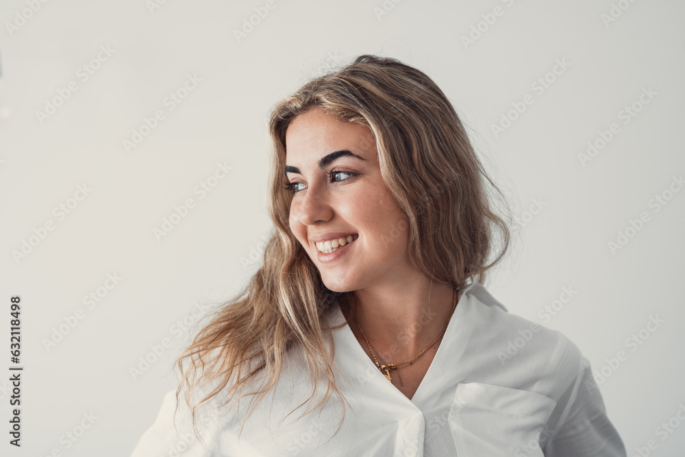 Happy young woman look in distance feeling positive and optimistic ...